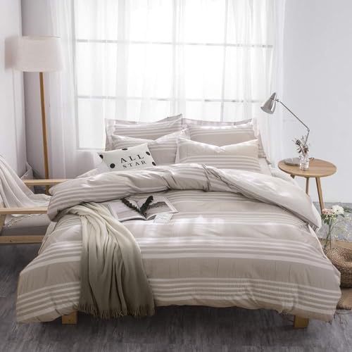 Merryfeel Cotton Duvet Cover Set,100% Cotton Seersucker Weave Duvet Cover Set,Yarn Dyed Textured Stripe Bedding Set,3 Pieces- Full/Queen Khaki