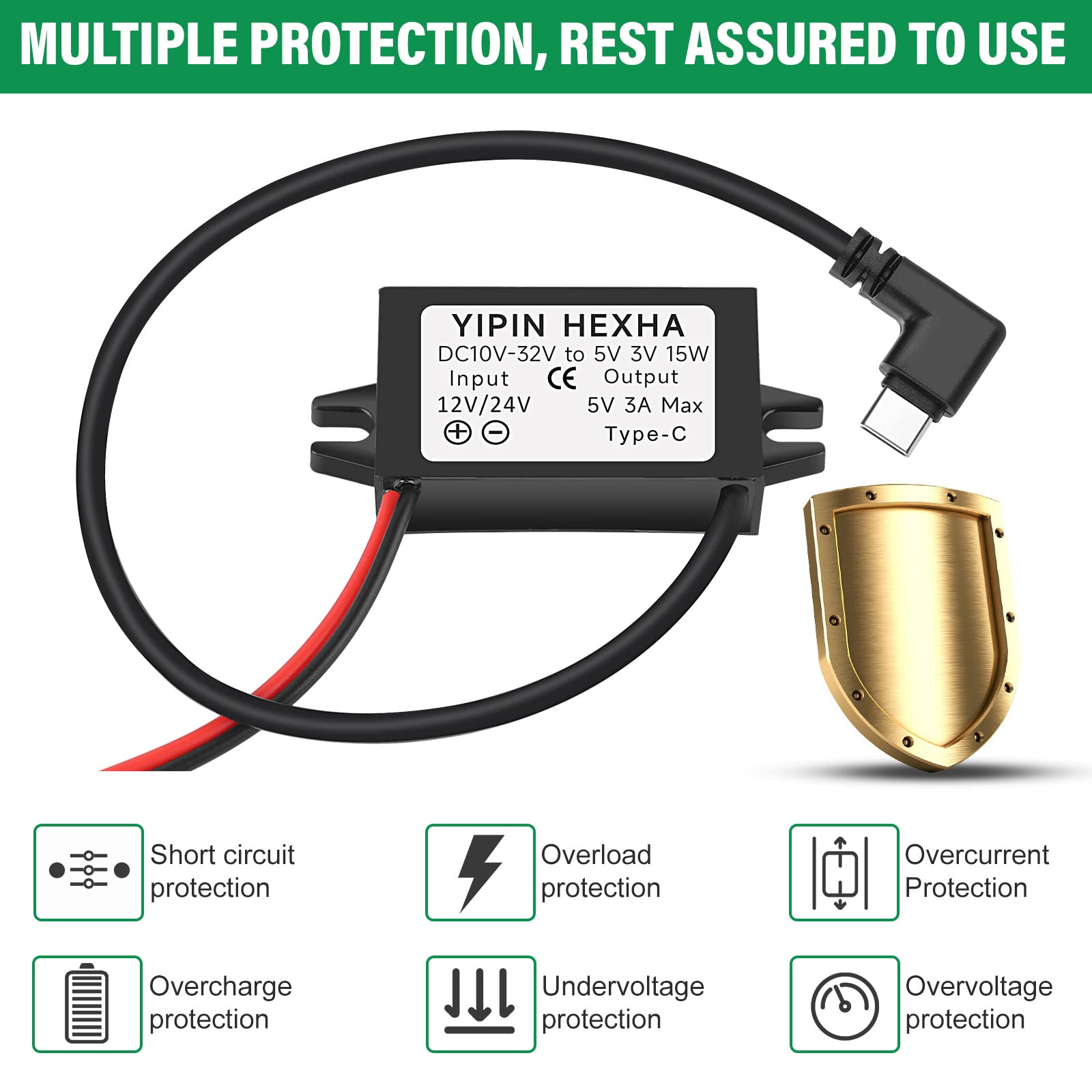 YIPIN HEXHA DC 24V/12V to 5V USB Type-C Right Angle Step Down Converter Output 3A 15W Buck Module Power Adapter, Compatible with Raspberry Pi 4, Mobile Phones