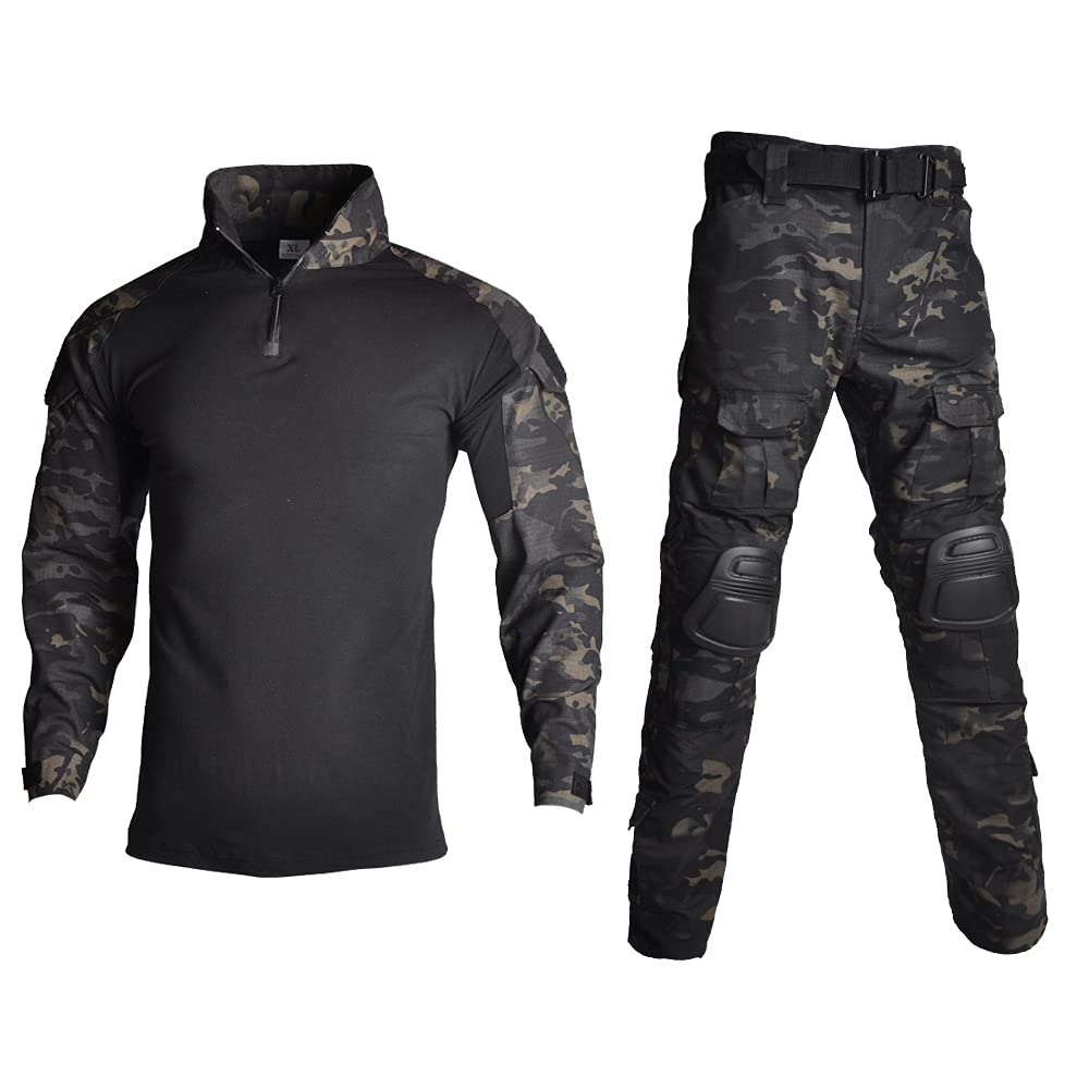Lilychan Mens Tactical Military Suits Long Sleeve Rip-Stop Uniforms Combat Shirt and Pants Elbow Knee Pads (CP-Black, Large)-1