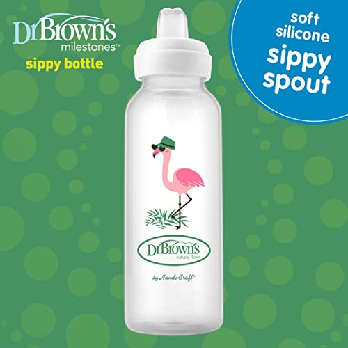 Dr. Brown’s® Milestones™ Narrow Sippy Bottle, 100% Silicone Soft Sippy Spout, 8oz/250mL, Flamingo & Bunny, 6m+