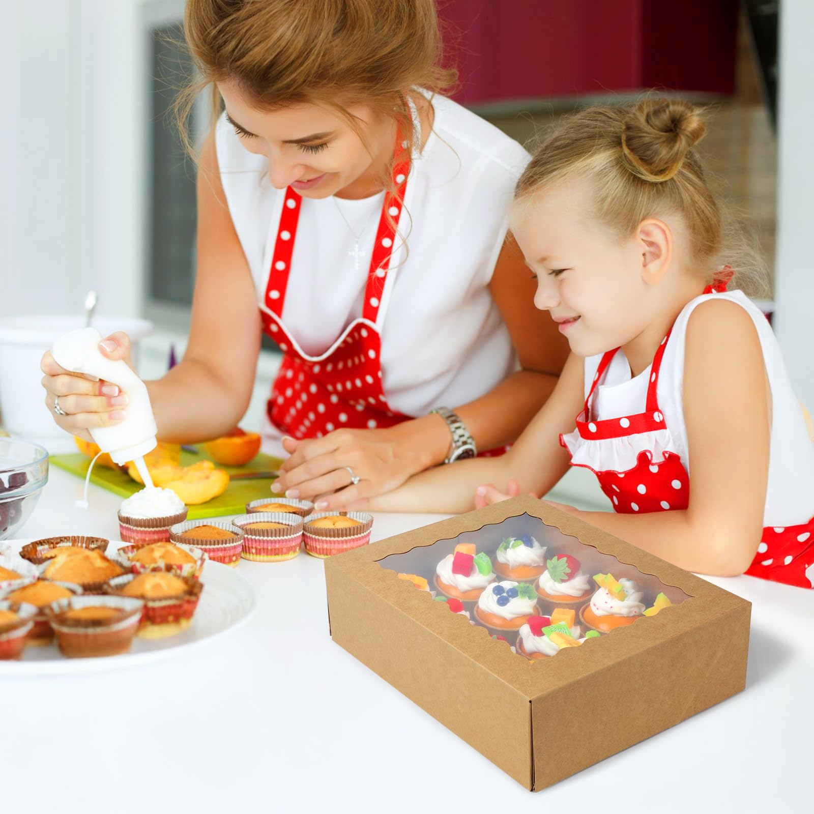 Tcoivs 6-Set Cupcake Boxes Hold 12 Standard Cupcakes, Brown Cupcake Containers with Windows and Inserts, Cupcake Carrier, Food Grade Kraft Cupcake Holders