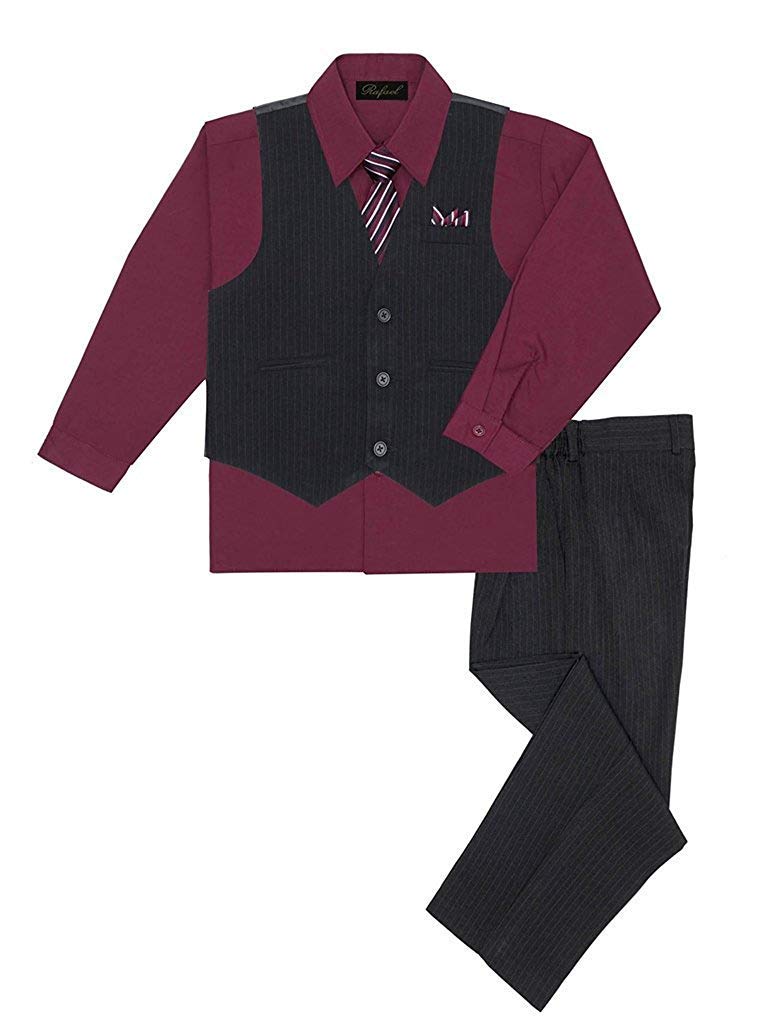 iGirlDress Little Boys' and Special Occasion Pinstripe Vest Set Black/Burgundy 4