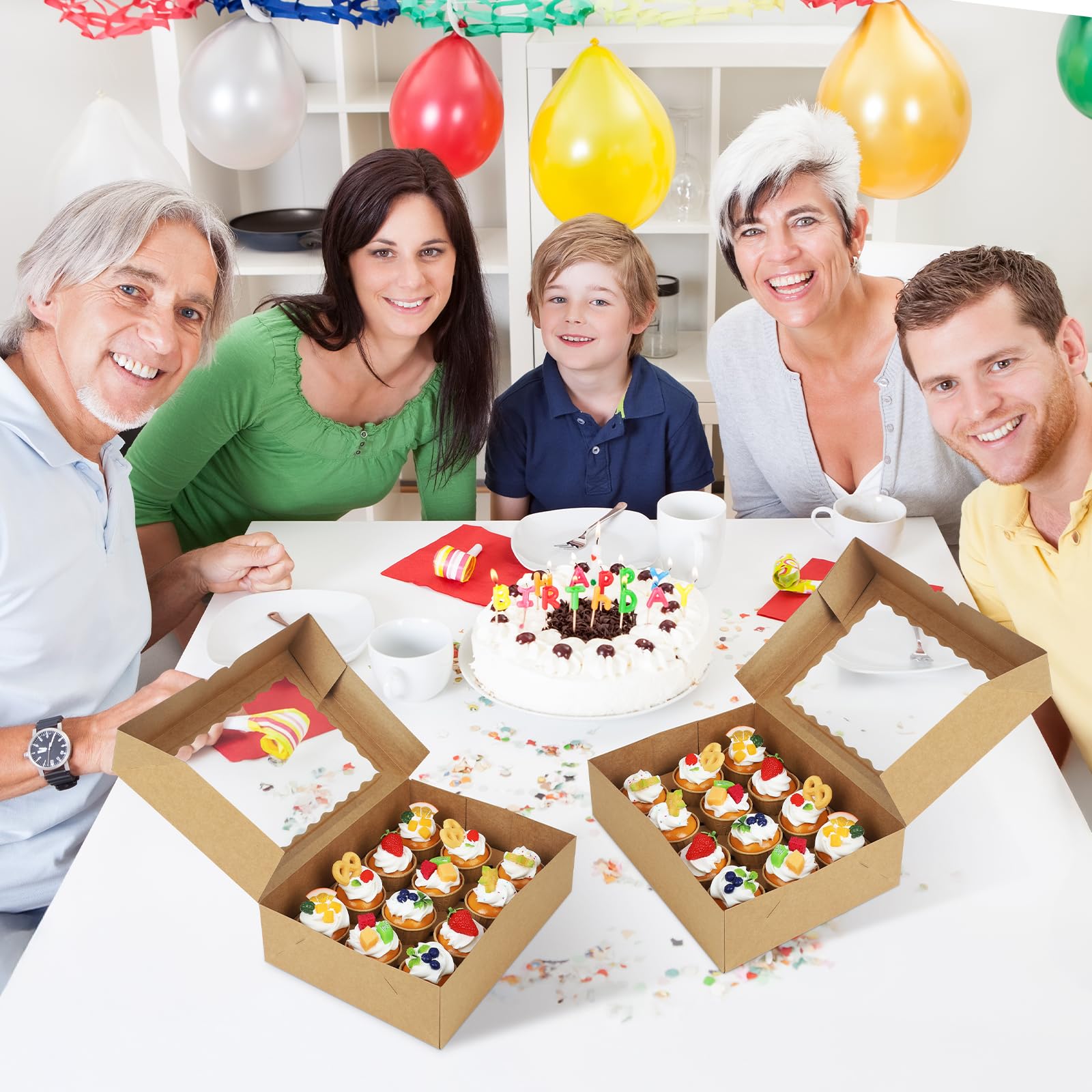 Tcoivs 6-Set Cupcake Boxes Hold 12 Standard Cupcakes, Brown Cupcake Containers with Windows and Inserts, Cupcake Carrier, Food Grade Kraft Cupcake Holders