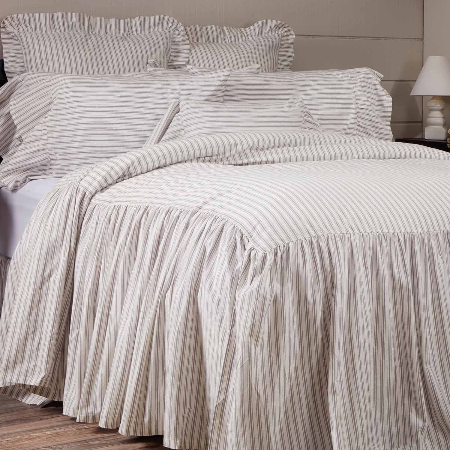 Timeless Ticking Ruffled Twin Size Bedspread, High Skirt on 3 Sides, Soft White and Gray Ticking Stripes, Vintage Farmhouse Bedding …