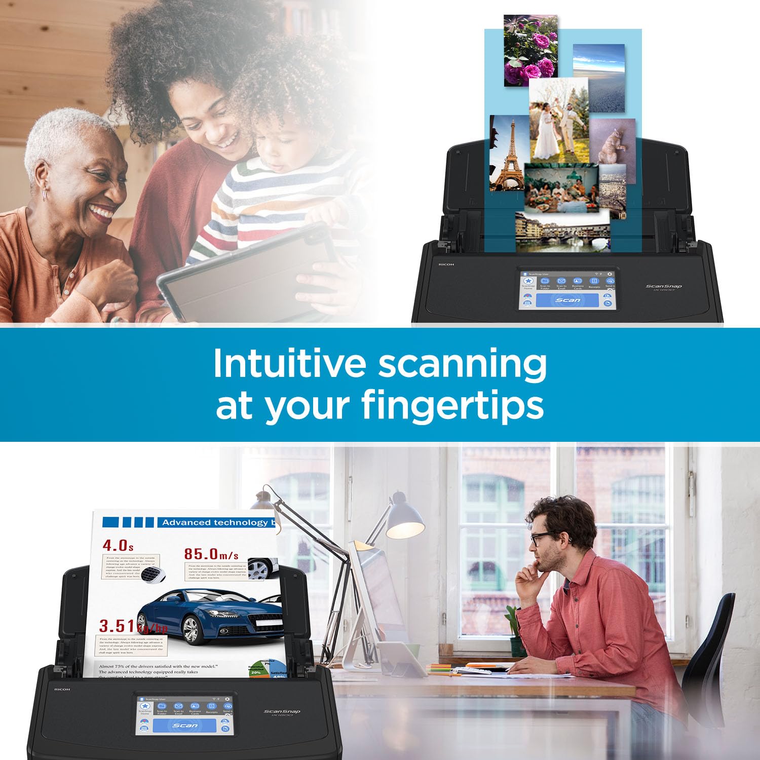 Fujitsu ScanSnap iX1600 Wireless or USB High-Speed Cloud Enabled Document, Photo & Receipt Scanner with Large Touchscreen and Auto Document Feeder for Mac or PC, Black
