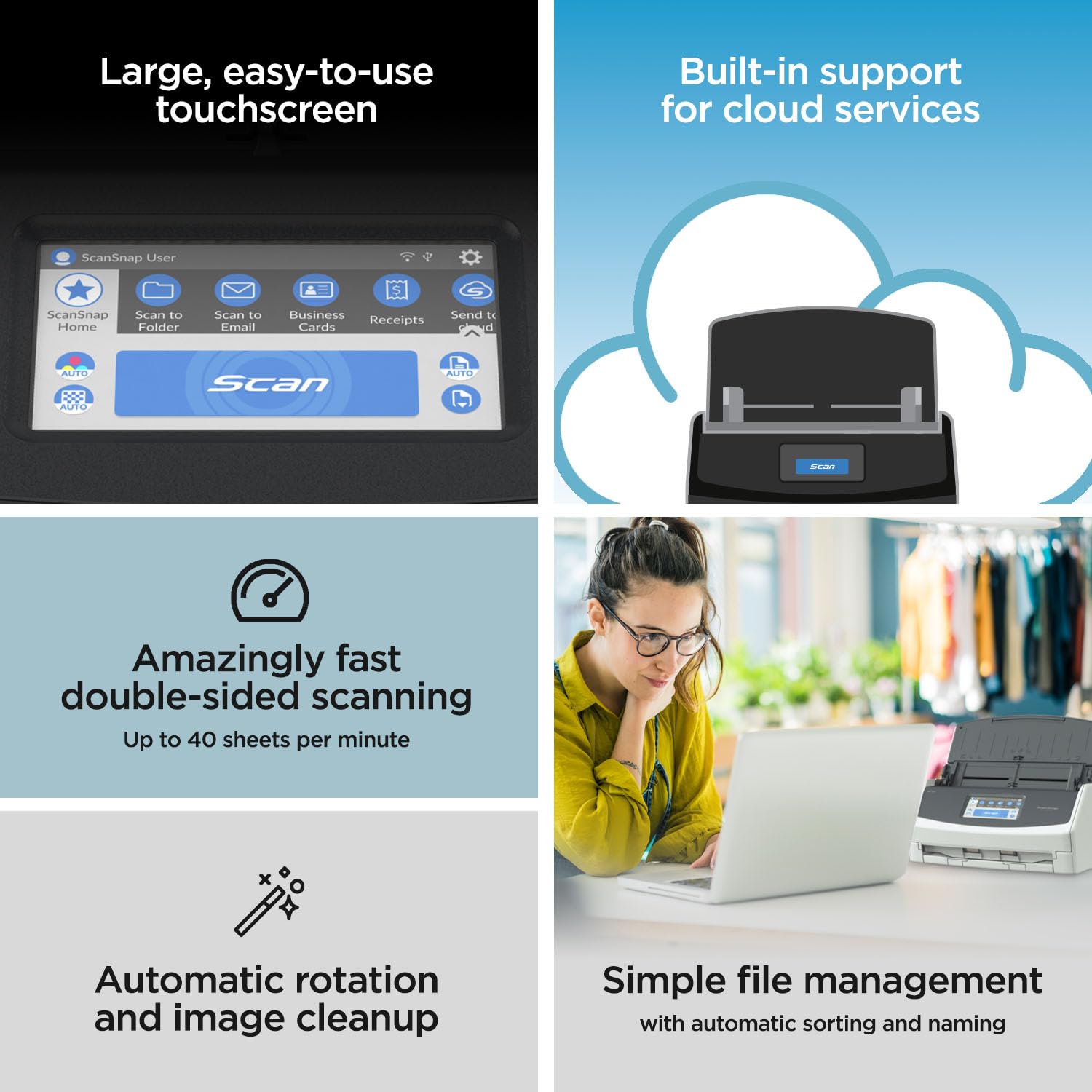 Fujitsu ScanSnap iX1600 Wireless or USB High-Speed Cloud Enabled Document, Photo & Receipt Scanner with Large Touchscreen and Auto Document Feeder for Mac or PC, Black