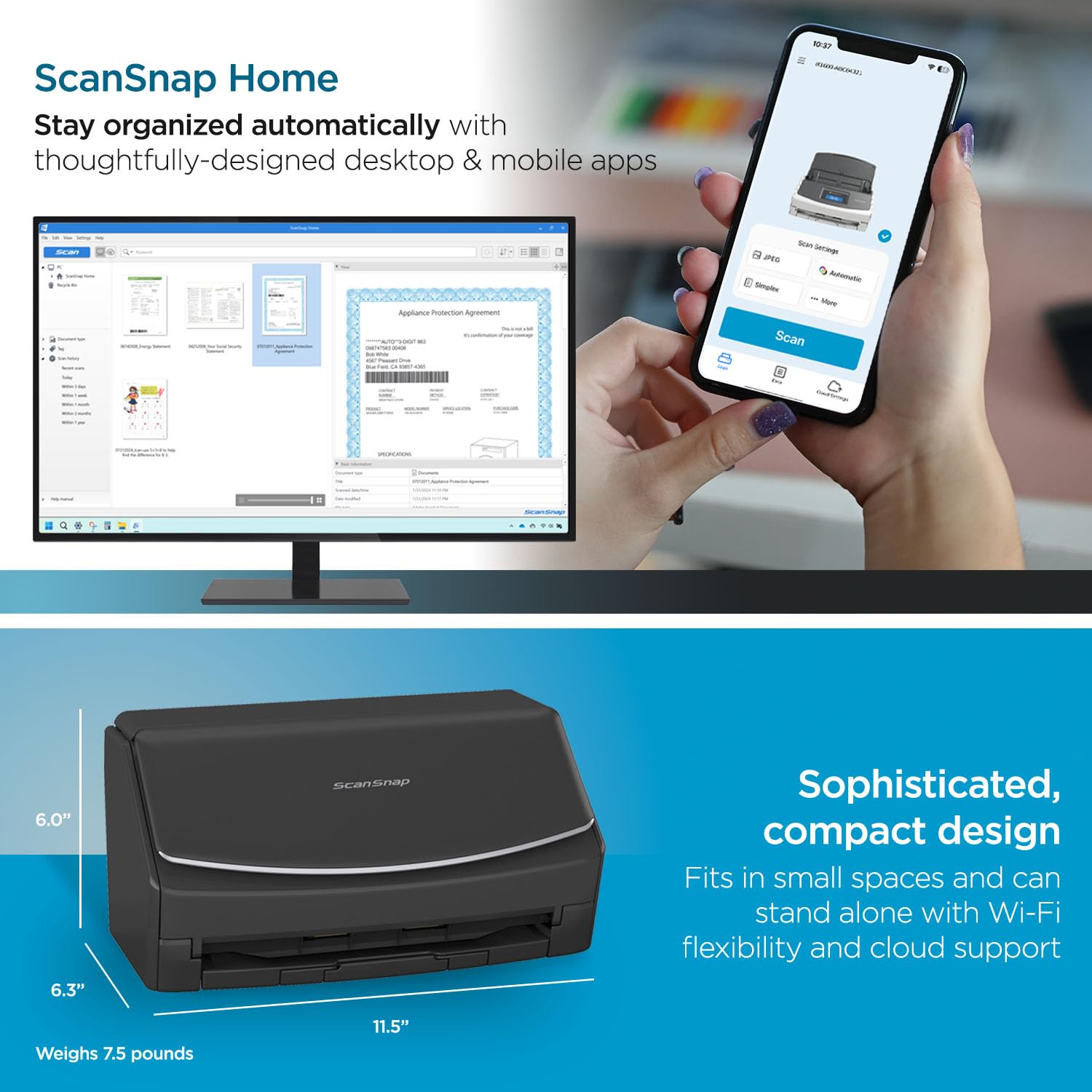 Fujitsu ScanSnap iX1600 Wireless or USB High-Speed Cloud Enabled Document, Photo & Receipt Scanner with Large Touchscreen and Auto Document Feeder for Mac or PC, Black