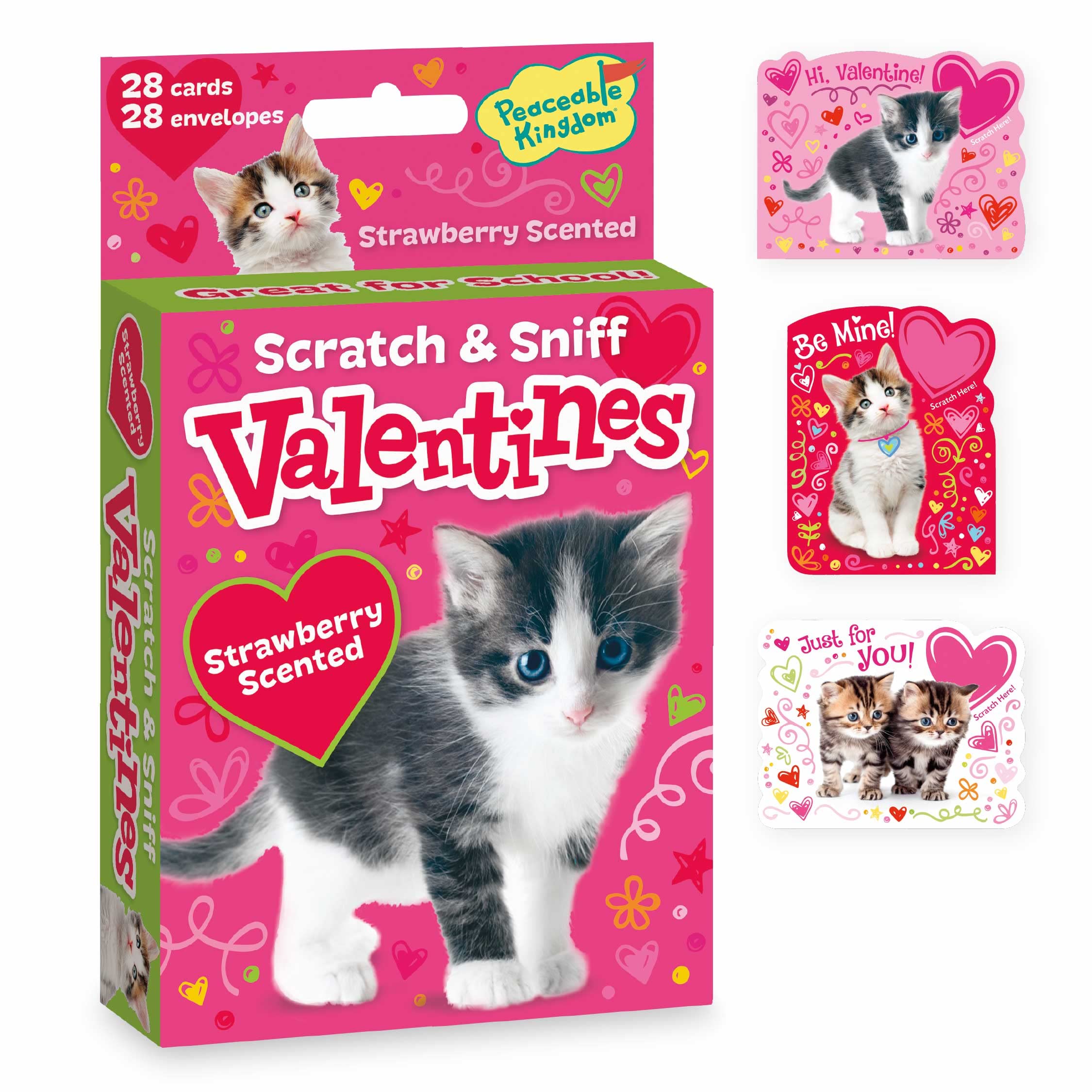 Peaceable Kingdom Scratch and Sniff Kitten Valentines - 28 Strawberry Scented Card Pack