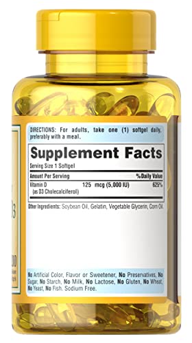 Vitamin D3 5,000 IU Bolsters Immunity by Puritan's Pride for Immune System Support and Healthy Bones and Teeth 200 Softgels, packaging may vary