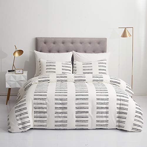 GETIANN Soft Bedding Duvet Cover Set Queen White Striped Comforter Cover Set Full 90"x90"(1 Comforter Cover and 2 Pillow Shams) Hotel Quality (Road, Full/Queen)