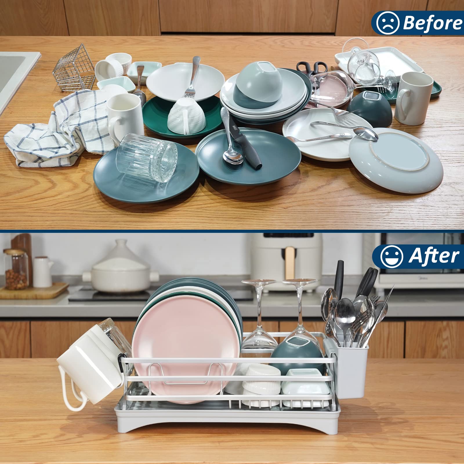 HIPPIH Dish Racks for Kitchen Counter, Dish Drying Rack with Drainboard Aluminum Compact Rustproof Dish Drainer with Adjustable Swivel Spout and Removable Utensil Racks