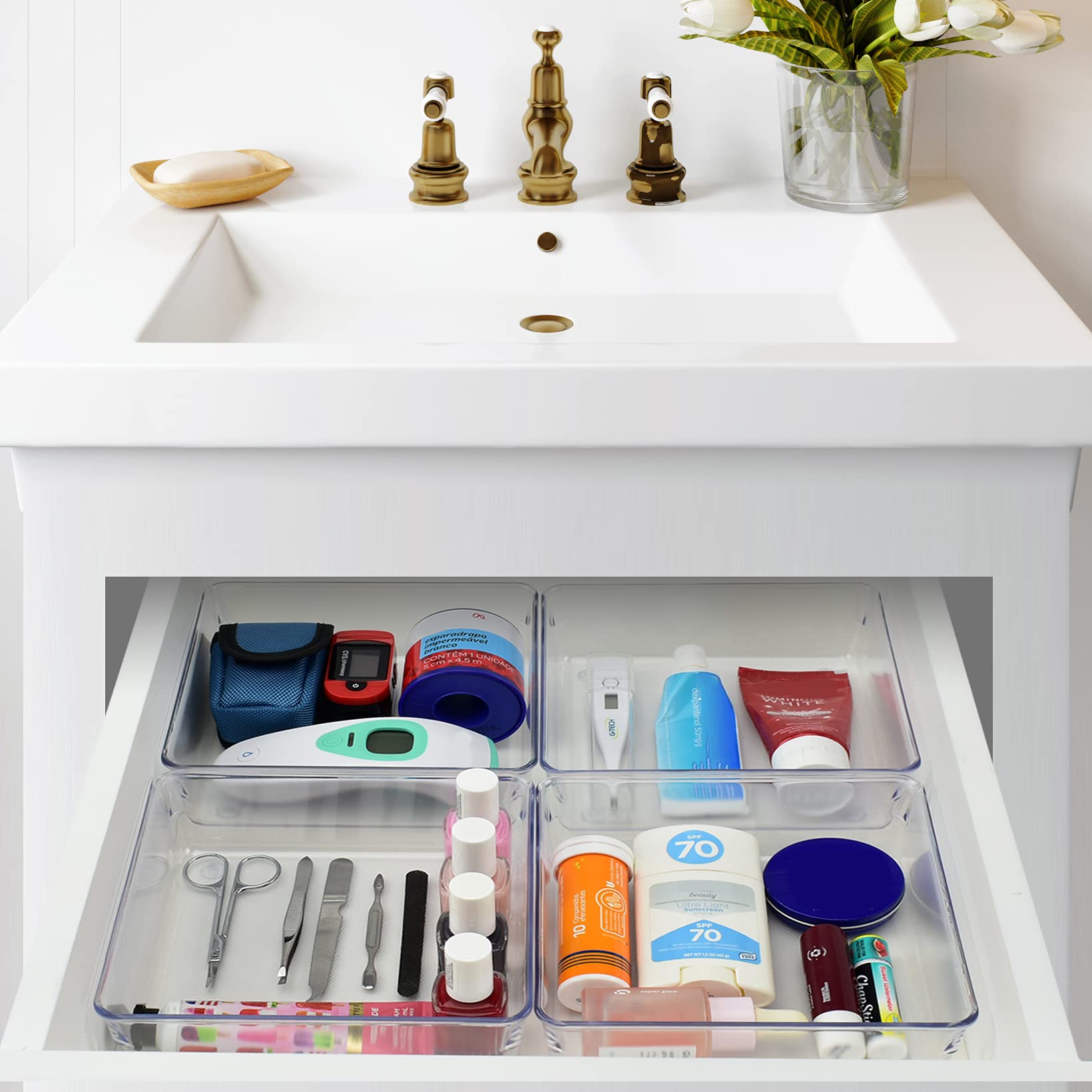 Acrimet Desk Drawer Organizer Box Tray Storage Bins Modular Divider for Home, Kitchen, Office and Storage (Clear Crystal Plastic) (4 Pack - 6.25" x 6.25" x 2.13")