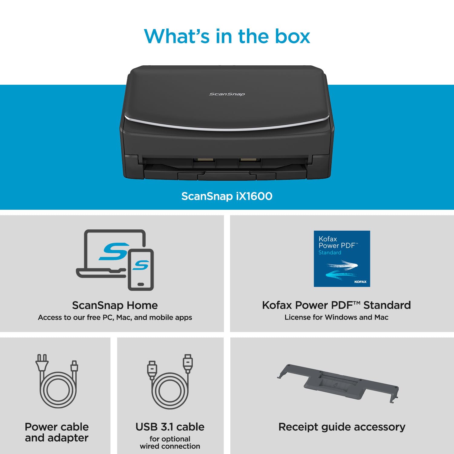 Fujitsu ScanSnap iX1600 Wireless or USB High-Speed Cloud Enabled Document, Photo & Receipt Scanner with Large Touchscreen and Auto Document Feeder for Mac or PC, Black