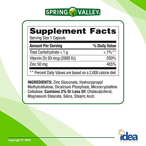 Spring Valley Zinc 50 mg with Vitamin D3 50 mcg Capsules + “Vitamins & Minerals - A to Z" - Better Idea Guide (2 Pack 300 ct)