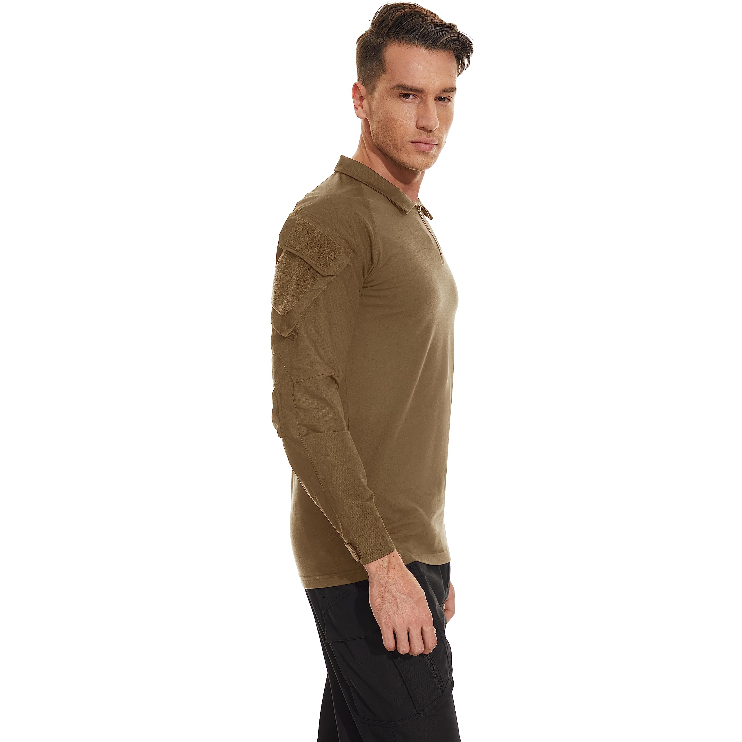 TACVASEN Combat Shirt for Men Long Sleeve Tactical Shirt 1/4 Zip with Pockets Military Pullover Ripstop Army Training Security Paintball Brown M