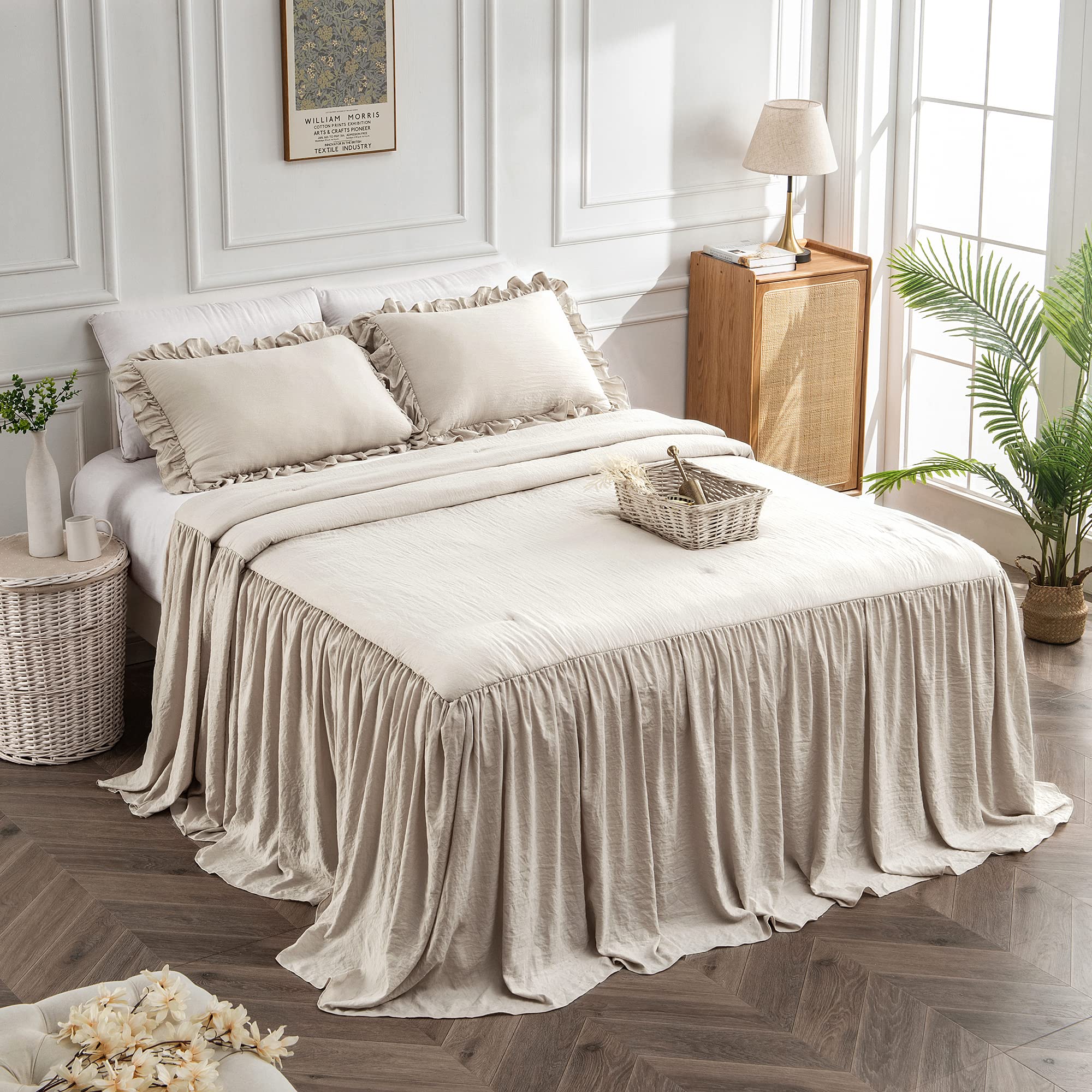 Bonlino Home Bedding Bedspread Set Quilt - Farmhouse Bedspread Summer Coverlet Bed Spreads, Lightweight Quilt Chic Vintage Bedding Ruffle Skirt Bedroom Rustic with 2 Pillow Shams (King, Wheat)