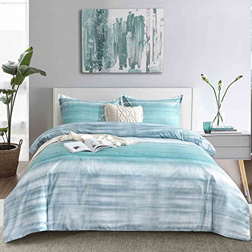 Queen Size Comforter Set, Teal, Gray and Blue Striped Pattern Print Reversible Down Alternative Bed Sets - 90 x 90 3PC Soft Microfiber Duvet Sets Modern Abstract Bedding in a Bag for Women Men, Grey