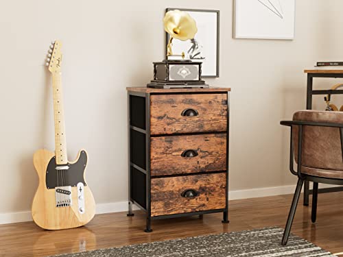 Furologee Nightstand with 3 Fabric Drawers, Tall End Table, Bedside Table for Storage, Small Dresser for Bedroom, Wooden Top for Living Room/Bedroom/Closet, Rustic Brown