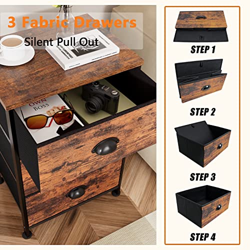 Furologee Nightstand with 3 Fabric Drawers, Tall End Table, Bedside Table for Storage, Small Dresser for Bedroom, Wooden Top for Living Room/Bedroom/Closet, Rustic Brown
