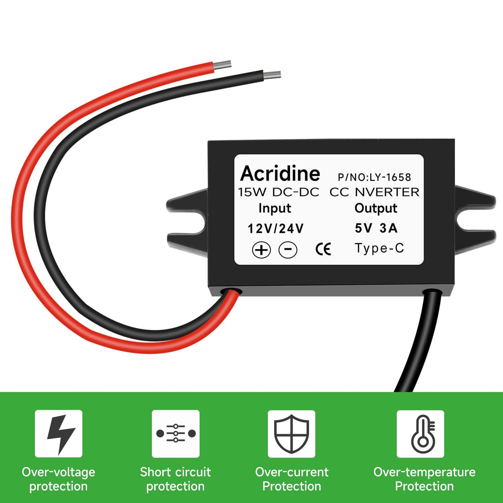 2-Pack DC 12V/24V to 5V USB C Buck Converter 3A 15W Type-C Output Charging Module Waterproof Buck Power Adapter Compatible with Raspberry Pi 4, Mobile