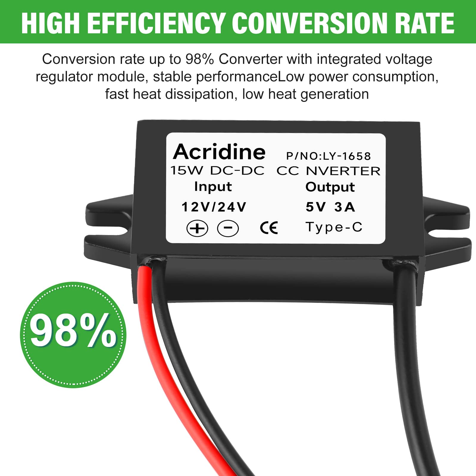 2-Pack DC 12V/24V to 5V USB C Buck Converter 3A 15W Type-C Output Charging Module Waterproof Buck Power Adapter Compatible with Raspberry Pi 4, Mobile