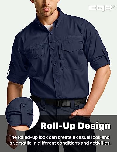 CQR Men's Long Sleeve Tactical Shirts, Ripstop Military Work Shirts, UPF 50+ Breathable Button Down Outdoor Hiking Shirt, Officer Work Shirts Dark Midnight Navy, Large