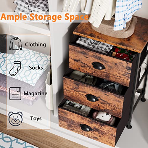 Furologee Nightstand with 3 Fabric Drawers, Tall End Table, Bedside Table for Storage, Small Dresser for Bedroom, Wooden Top for Living Room/Bedroom/Closet, Rustic Brown