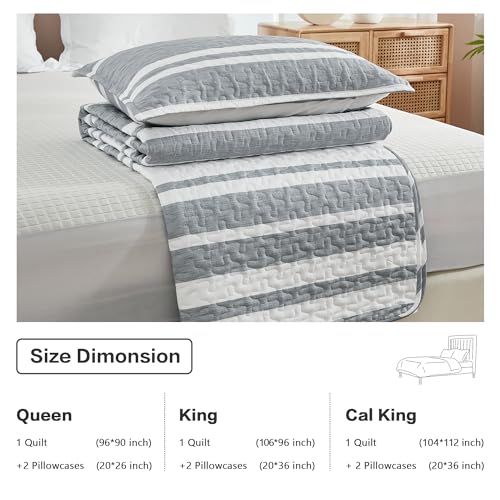 Andency California King Quilt Set Grey White (112x104 Inch), 3 Pieces (1 Cal King Patchwork Striped Printed Quilt and 2 Pillowcases), Soft Lightweight Reversible Microfiber Bedspread Coverlet Bedding