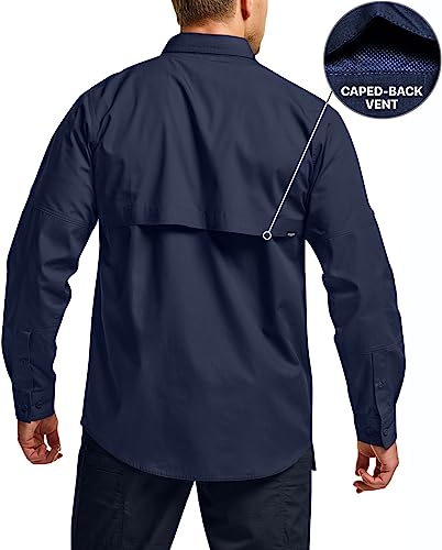 CQR Men's Long Sleeve Tactical Shirts, Ripstop Military Work Shirts, UPF 50+ Breathable Button Down Outdoor Hiking Shirt, Officer Work Shirts Dark Midnight Navy, Large