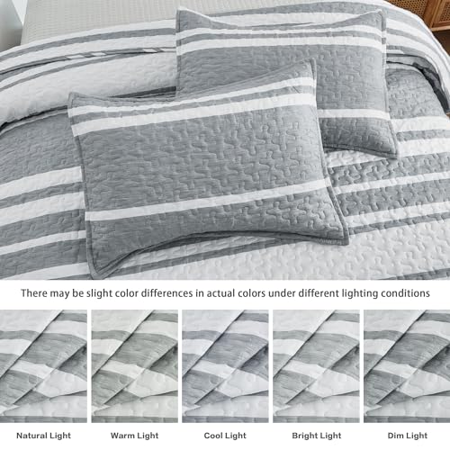 Andency California King Quilt Set Grey White (112x104 Inch), 3 Pieces (1 Cal King Patchwork Striped Printed Quilt and 2 Pillowcases), Soft Lightweight Reversible Microfiber Bedspread Coverlet Bedding