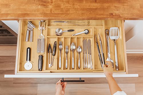 KitchenEdge Premium Silverware, Flatware and Utensil Organizer for Kitchen Drawers, Expandable to 33 Inches Wide, 11 Compartments, 100% Bamboo