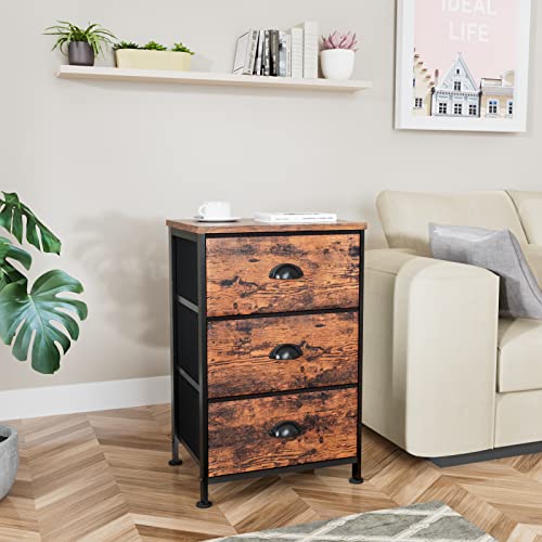 Furologee Nightstand with 3 Fabric Drawers, Tall End Table, Bedside Table for Storage, Small Dresser for Bedroom, Wooden Top for Living Room/Bedroom/Closet, Rustic Brown