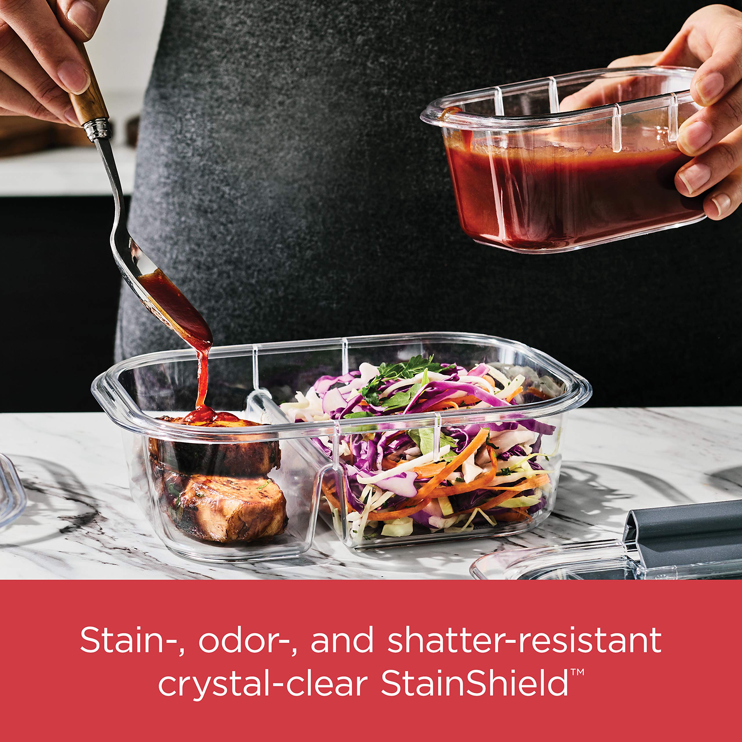 Rubbermaid 5-Piece Brilliance Food Storage Containers for Meal Prep with 2 Compartments and Lids, Dishwasher Safe, 2.85-Cup(675ml), Clear/Grey, 5 count (Pack of 1)