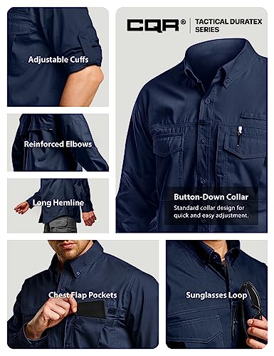 CQR Men's Long Sleeve Tactical Shirts, Ripstop Military Work Shirts, UPF 50+ Breathable Button Down Outdoor Hiking Shirt, Officer Work Shirts Dark Midnight Navy, Large