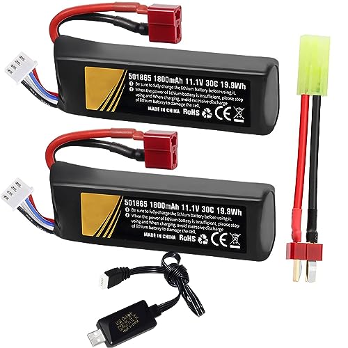 30C 11.1v lipo Battery Airsoft T Plug Connector with USB Charger T Plug to Mini Tamiya Cable Compatible with Airsoft Gel Water Bead Blaster Rechargeable Batteries Gel Blaster Accessories 2 Pack