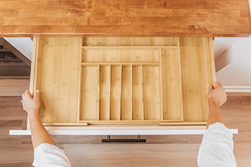 KitchenEdge Premium Silverware, Flatware and Utensil Organizer for Kitchen Drawers, Expandable to 33 Inches Wide, 11 Compartments, 100% Bamboo