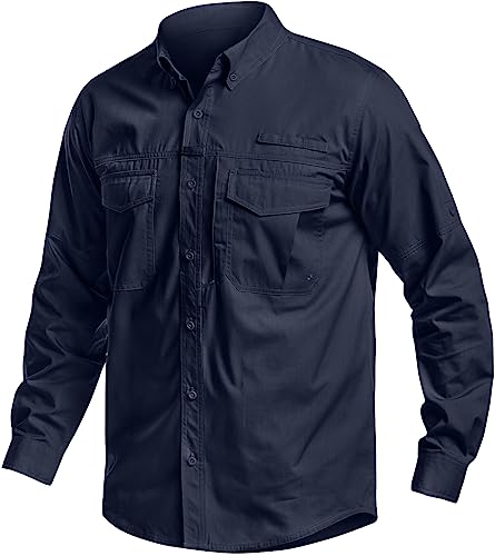 CQR Men's Long Sleeve Tactical Shirts, Ripstop Military Work Shirts, UPF 50+ Breathable Button Down Outdoor Hiking Shirt, Officer Work Shirts Dark Midnight Navy, Large