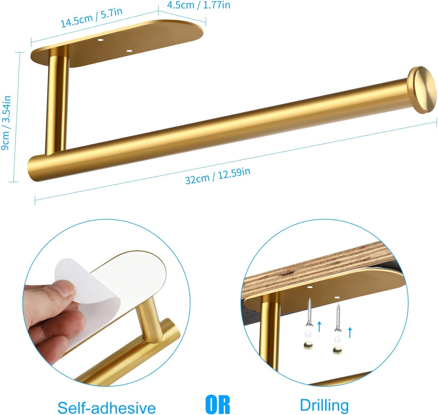 Paper Towel Holders,Paper Towels Rolls - for Kitchen,Paper Towels Bulk- Self-Adhesive Under Cabinet,Both Available in Adhesive and Screws,Stainless Steel Paper Towel Holder (Gold)