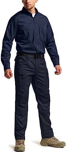 CQR Men's Long Sleeve Tactical Shirts, Ripstop Military Work Shirts, UPF 50+ Breathable Button Down Outdoor Hiking Shirt, Officer Work Shirts Dark Midnight Navy, Large