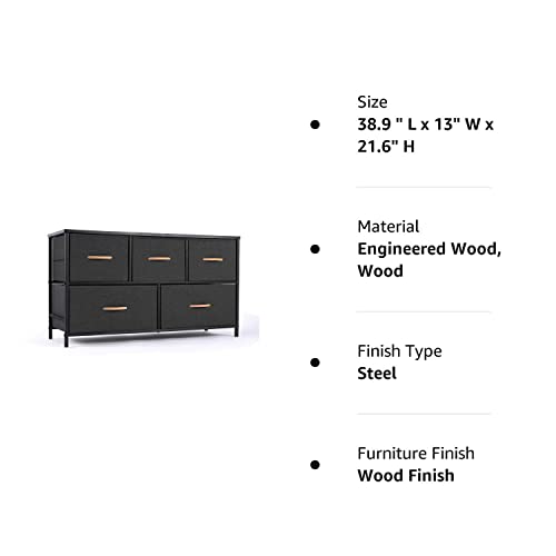 ROMOON Dresser Organizer with 5 Drawers, Fabric Storage Drawer Unit, Dresser Tower for Bedroom, Hallway, Entryway, Closets, Nursery - Wide Dark Gray