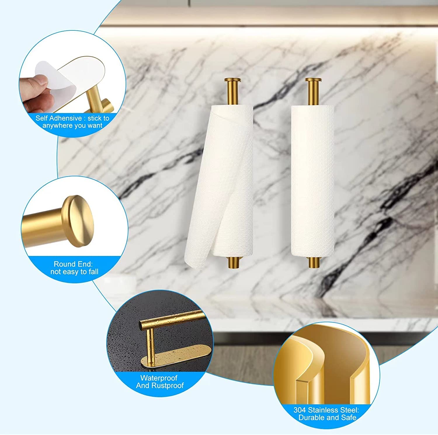 Paper Towel Holders,Paper Towels Rolls - for Kitchen,Paper Towels Bulk- Self-Adhesive Under Cabinet,Both Available in Adhesive and Screws,Stainless Steel Paper Towel Holder (Gold)