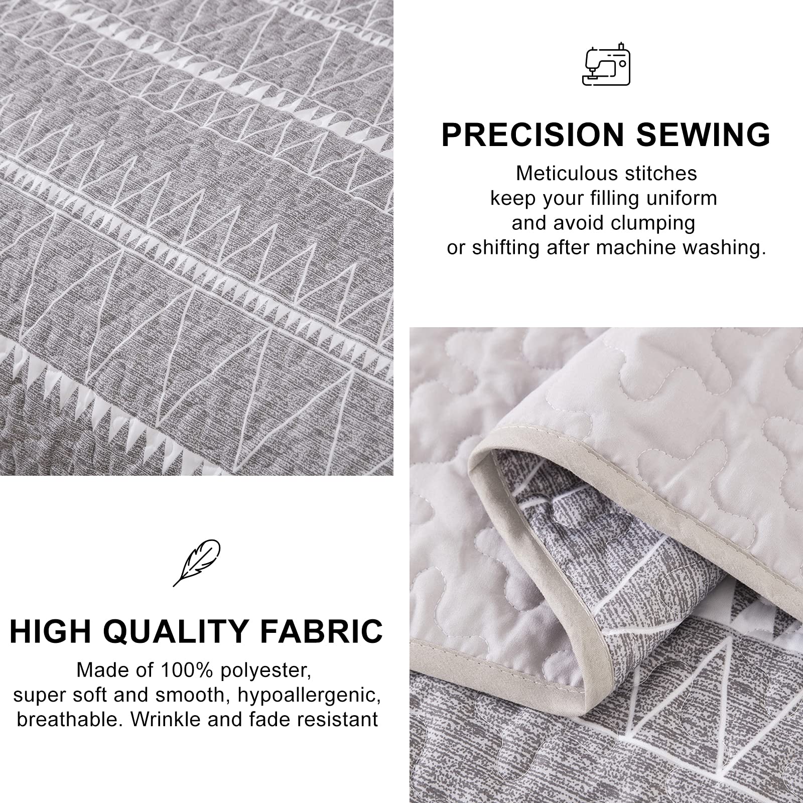 WONGS BEDDING Grey Quilt Set Queen, Boho Striped Triangle Printed Bedspread Coverlet Set, 3 Pieces (1 Quilt + 2 Pillowcases), Soft Microfiber Lightweight Bohemian Bedding Quilt for Summer 90"x96"