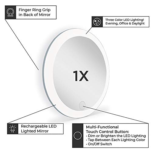Zadro 4" Round LED Mirror Makeup Travel Mirror with Light Rechargeable Compact Mirror for Purses Portable Carrying Pouch