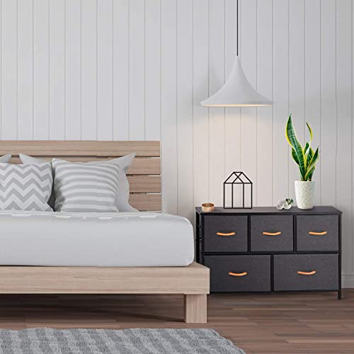 ROMOON Dresser Organizer with 5 Drawers, Fabric Storage Drawer Unit, Dresser Tower for Bedroom, Hallway, Entryway, Closets, Nursery - Wide Dark Gray