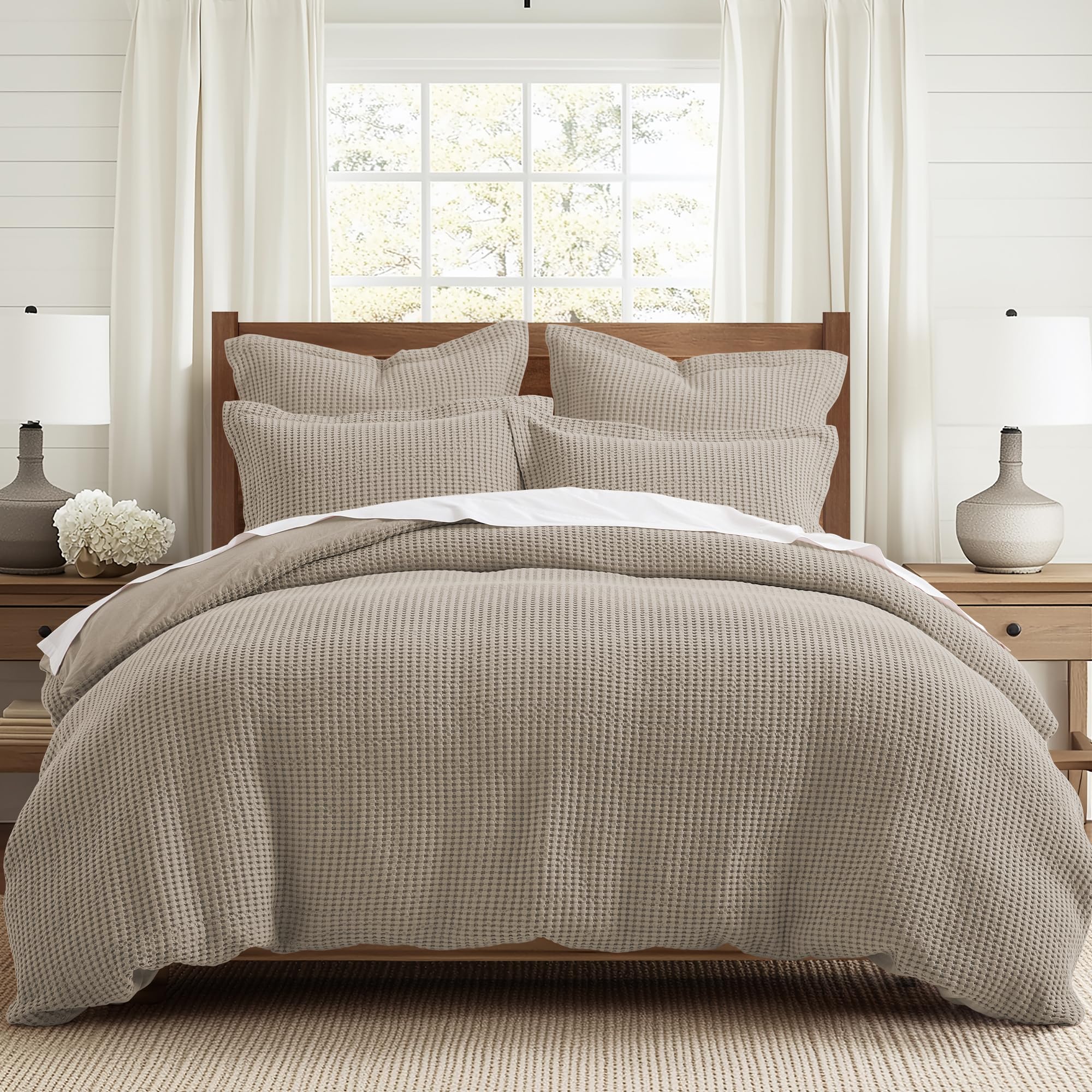 Levtex Home - Mills Waffle Beige Fawn Duvet Cover Set - King/Cal King Duvet Cover + Two King Pillow Cases - Beige Fawn Waffle Weave - Duvet Cover (106 x 94in.) and Pillow Case (36 x 20in.) - Cotton