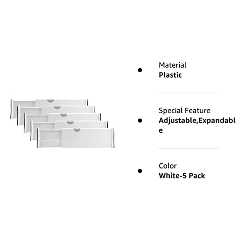 RAPTUROUS Deep Drawer Divider - 4 Inches High, Expands from 11-17 Inch, Adjustable Tall Dividers for Kitchen, Bedroom - Expandable Organizers for Clothes, Dressers etc - 5 Pack White Drawer Separators