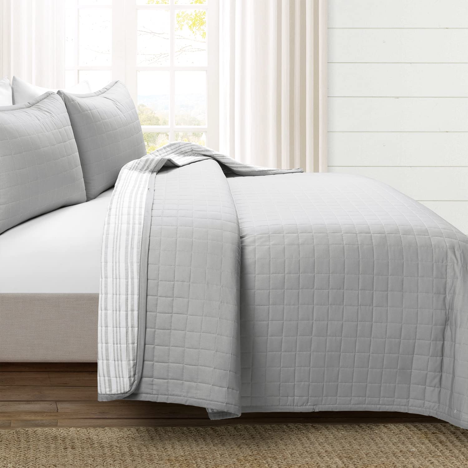 Lush Decor Farmhouse Box Stitch and Stripe Oversized Reversible Cotton 3 Piece Quilt Set, King, Gray