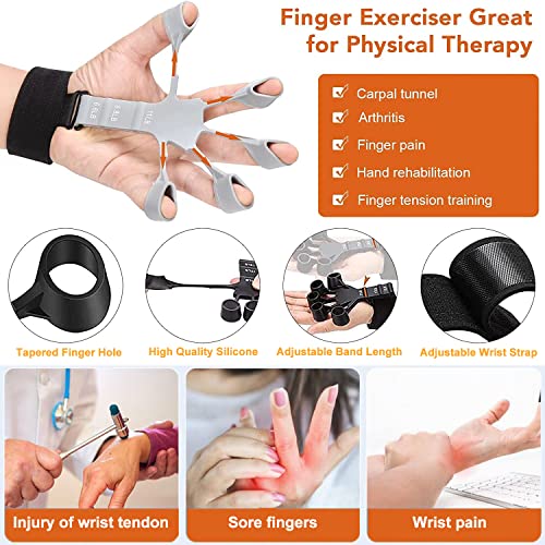 Finger Strengthener, Grip Strength Trainer, Finger Exerciser & Hand Strengthener, Finger Resistance Band for Wrist Physcial Rehabilitation ,Rock climbing training, strength training(Black+Grey)