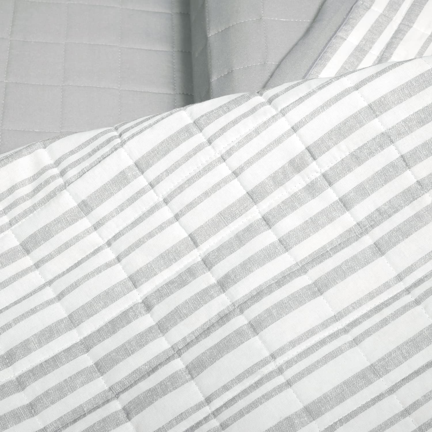 Lush Decor Farmhouse Box Stitch and Stripe Oversized Reversible Cotton 3 Piece Quilt Set, King, Gray
