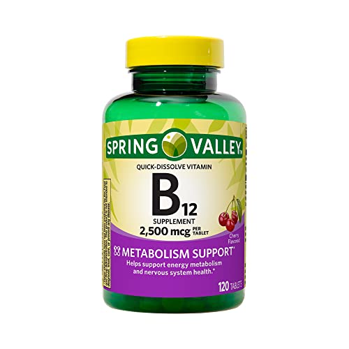 Vitamin B12, Supports Energy Metabolism. Includes Luall Fridge Magnetic + Spring Valley Vitamin B12 Quick-Dissolve Tablets Dietary Supplement (2,500 mcg, Cherry Flavor, 120 Tablets)